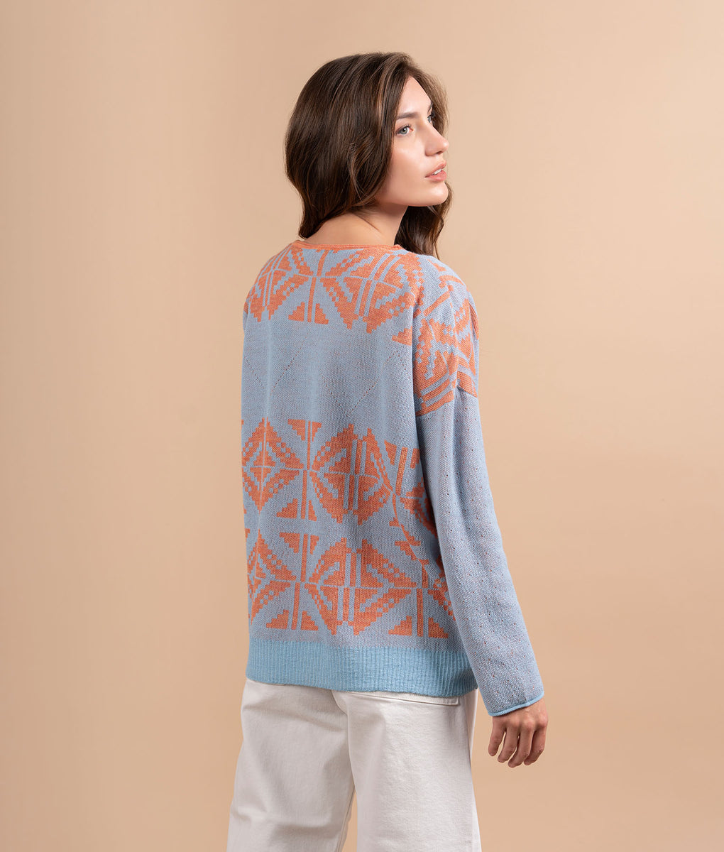 Chompa Oversized Jacquard Y Encaje - Celeste Pastel Y Naranja Coral – Patapampa Peru
